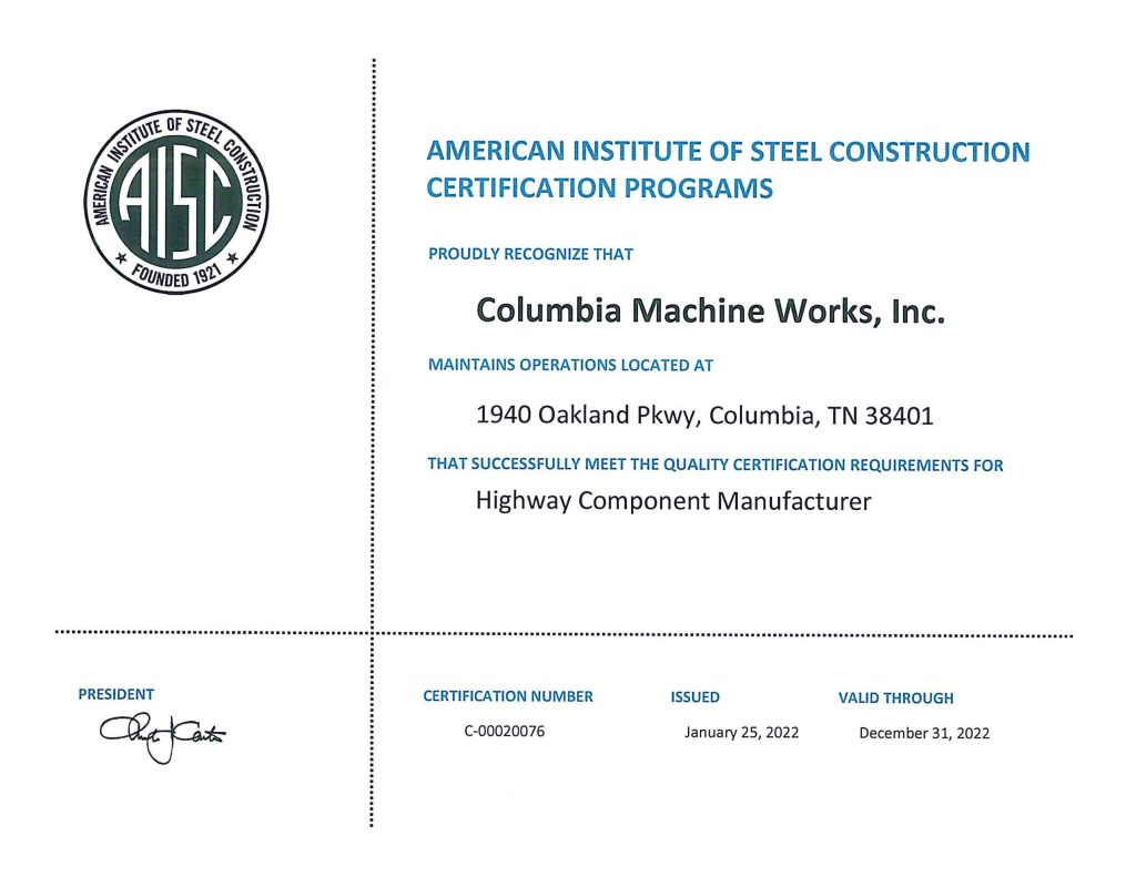 Columbia Machine Works Achieves AISC Certification | Columbia Machine Works
